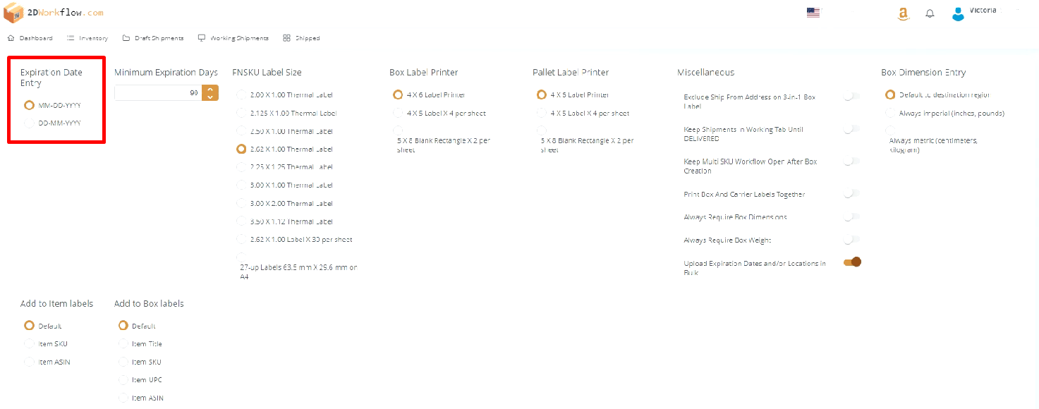 2. Expiration Date Entry Setting – 2D Workflow