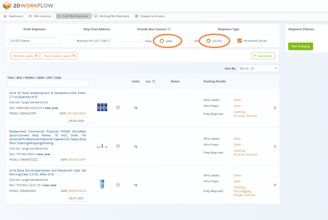 4. LTL/FTL Workflow (Pallet Shipments - Individual Items) – 2D Workflow